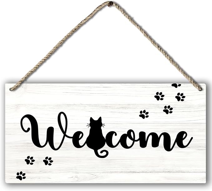 Amazon.com: Funny Black Cat Welcome Printed Wood Plaque Sign Wall ...