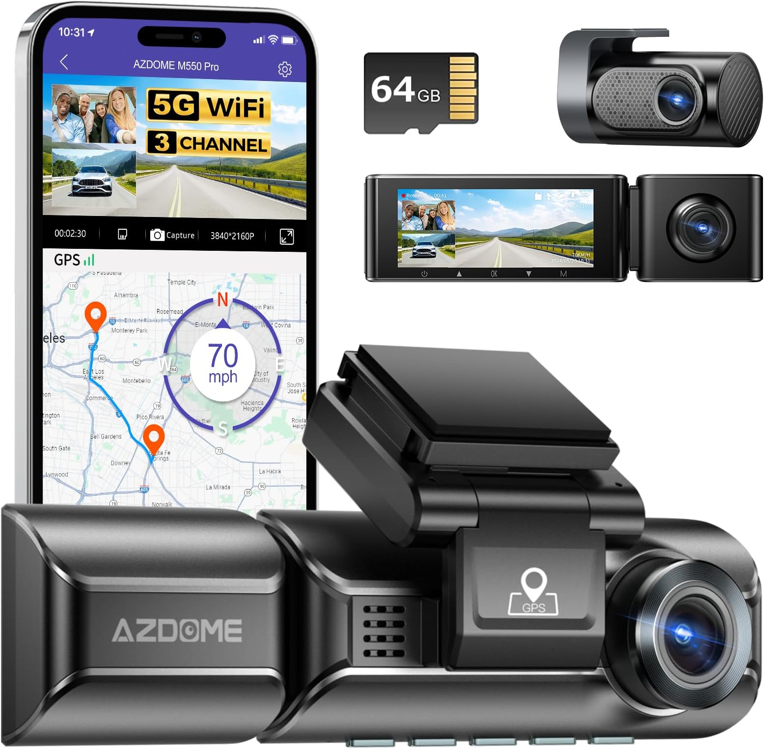 Amazon.com: AZDOME M550 Pro 5G WiFi 3 Channel 4K Dash Cam for Car, Free ...