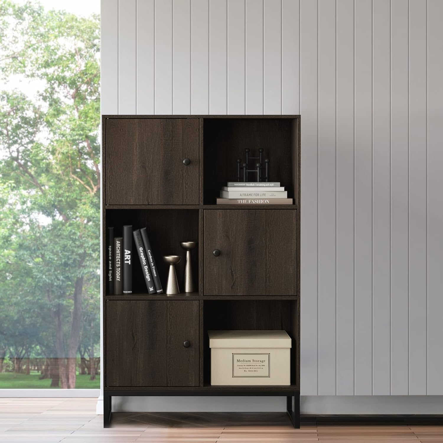 Amazon.com: Bookshelf and Bookcase with Doors, Industrial Wooden 4-Tier ...