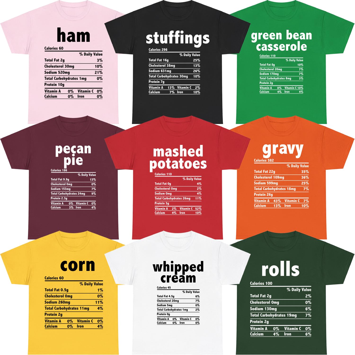Nutrition Facts Thanksgiving Food Shirts, Thanksgiving Ingredient ...
