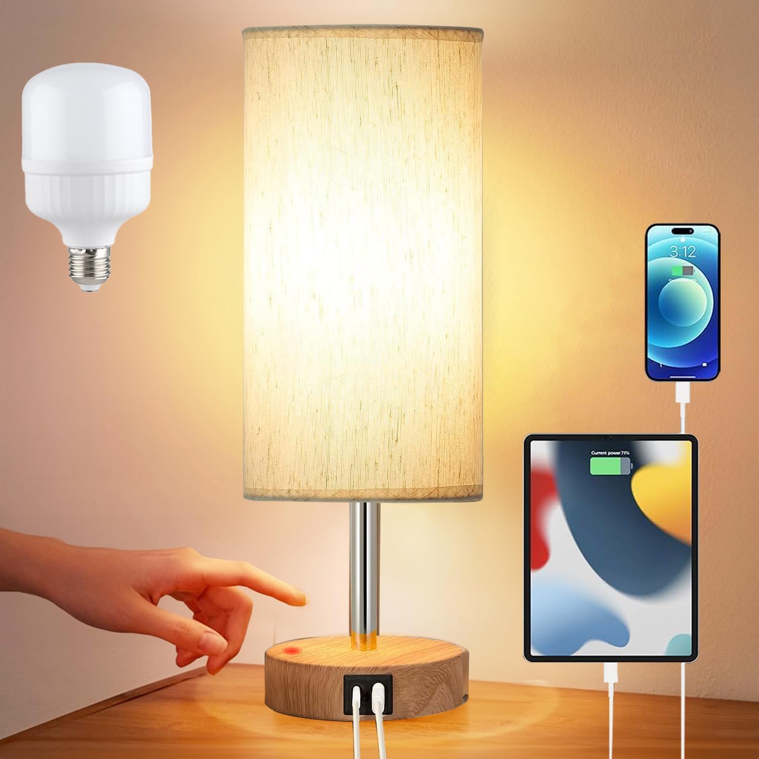 Kinsdan Bedside Table Lamp, Touch Control Bedside Lamp with USB Port ...