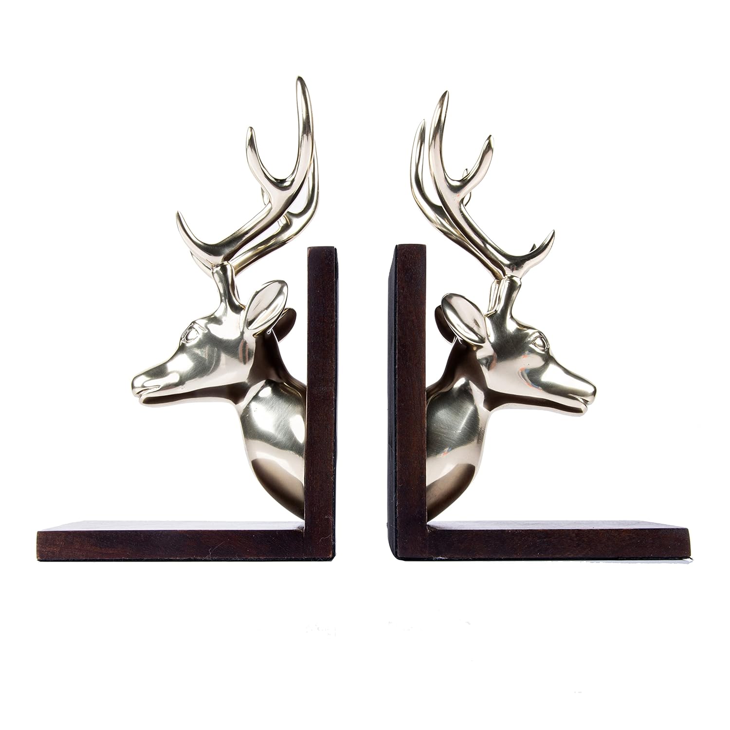 GIBOX Stag Bookends | Aluminium Bookends for Shelf | Wooden Base ...