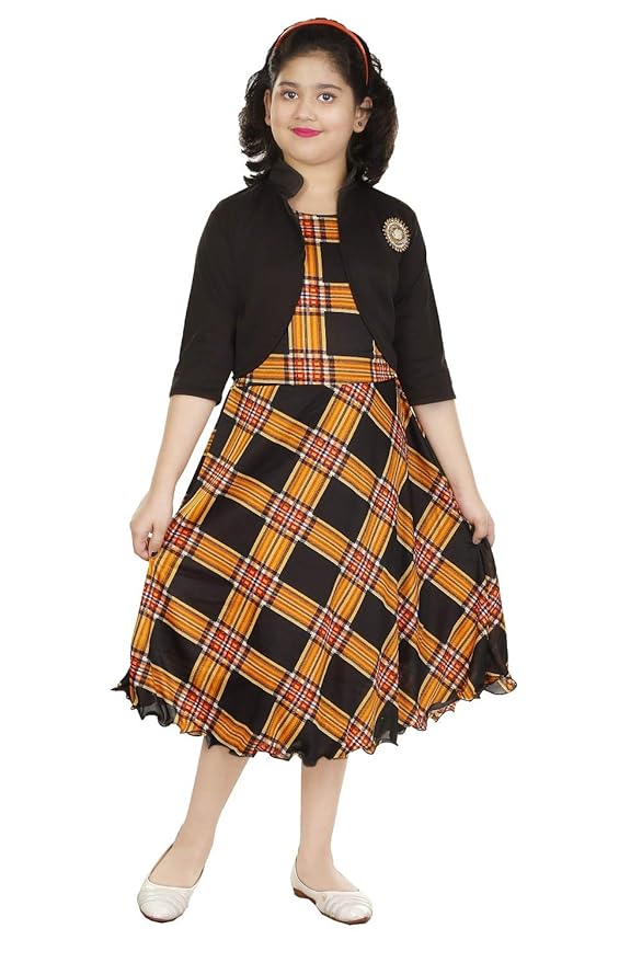 Buy DIGIMART Girls' Knee Length YELLOW CHECKS FROCK,BLACK JACKET Dress ...