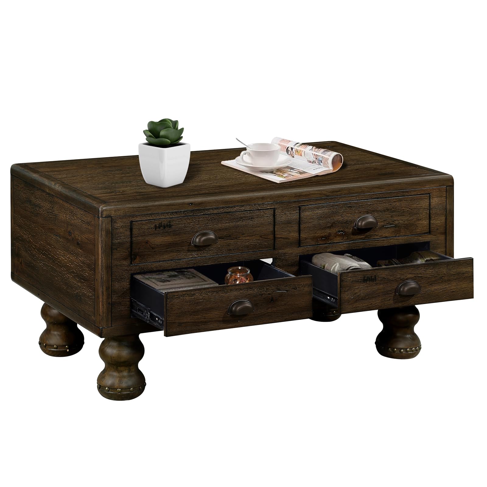 Amazon.com: LKTART Solid Wood Coffee Table with Storage Drawers, Vintage Rectangular Coffee ...