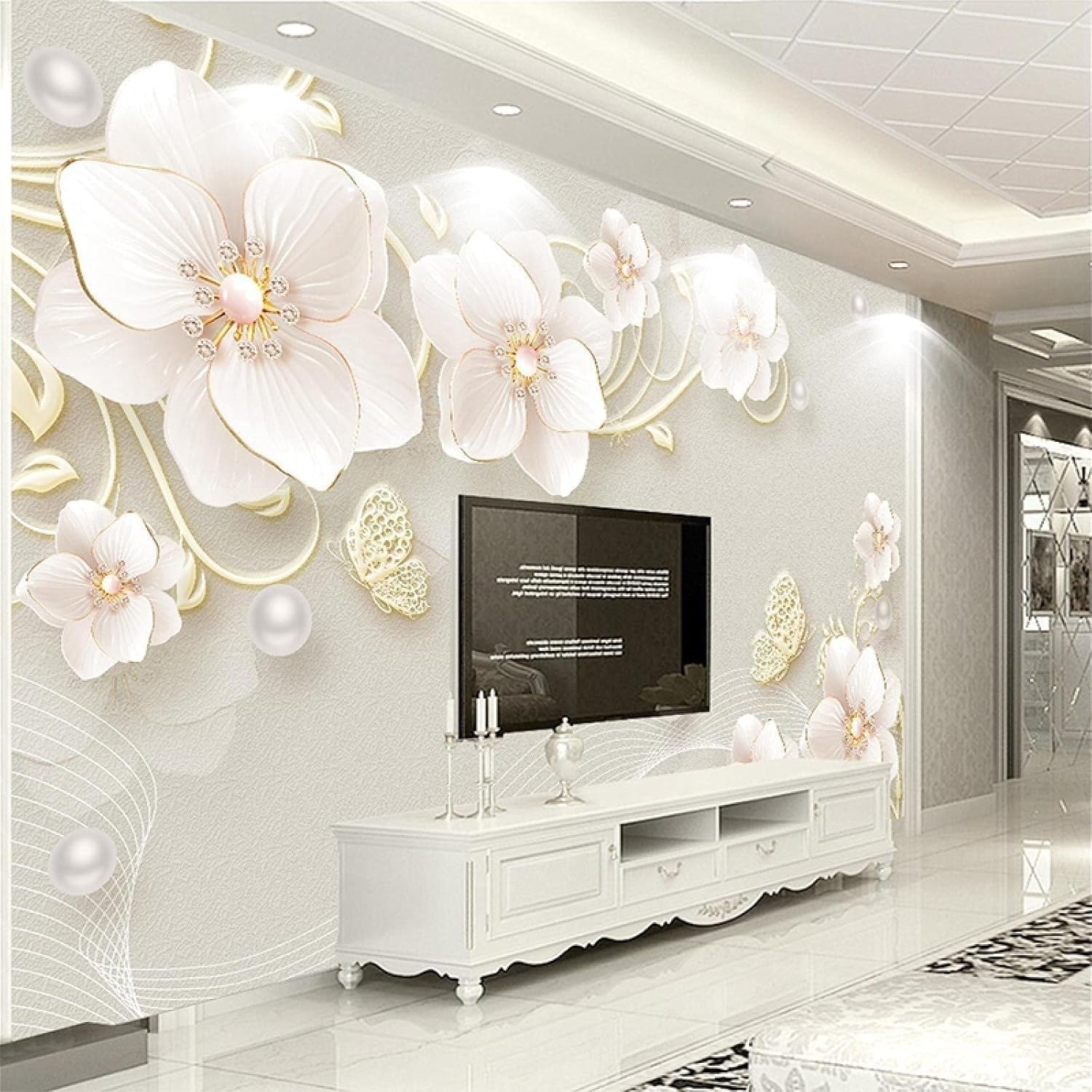 Amazon.com: European Pearl Diamond Floral 3D Mural Wallpaper, Abstract ...