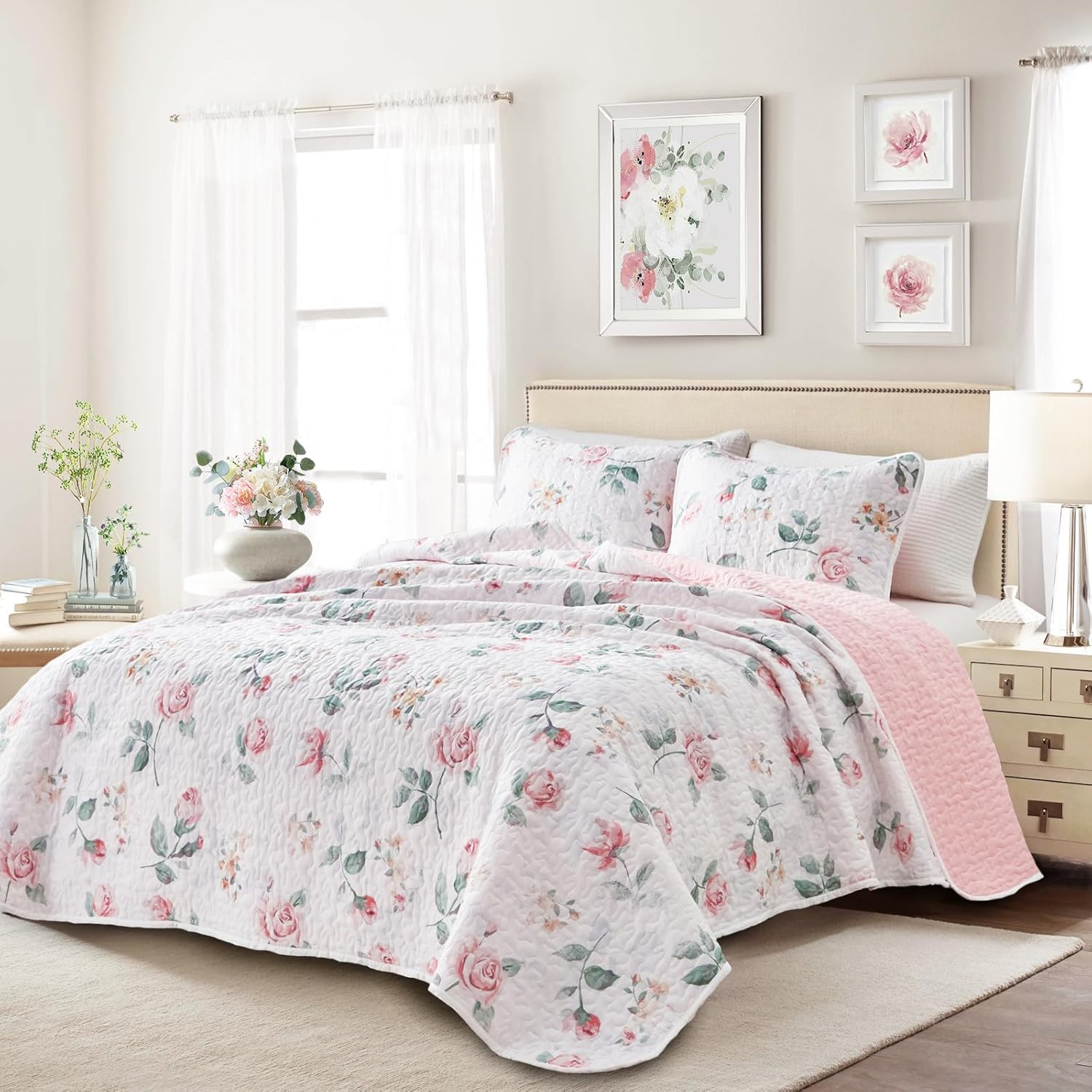 Amazon.com: Floral Quilt Set Twin Size 68x86 with Pink Yellow Flower ...