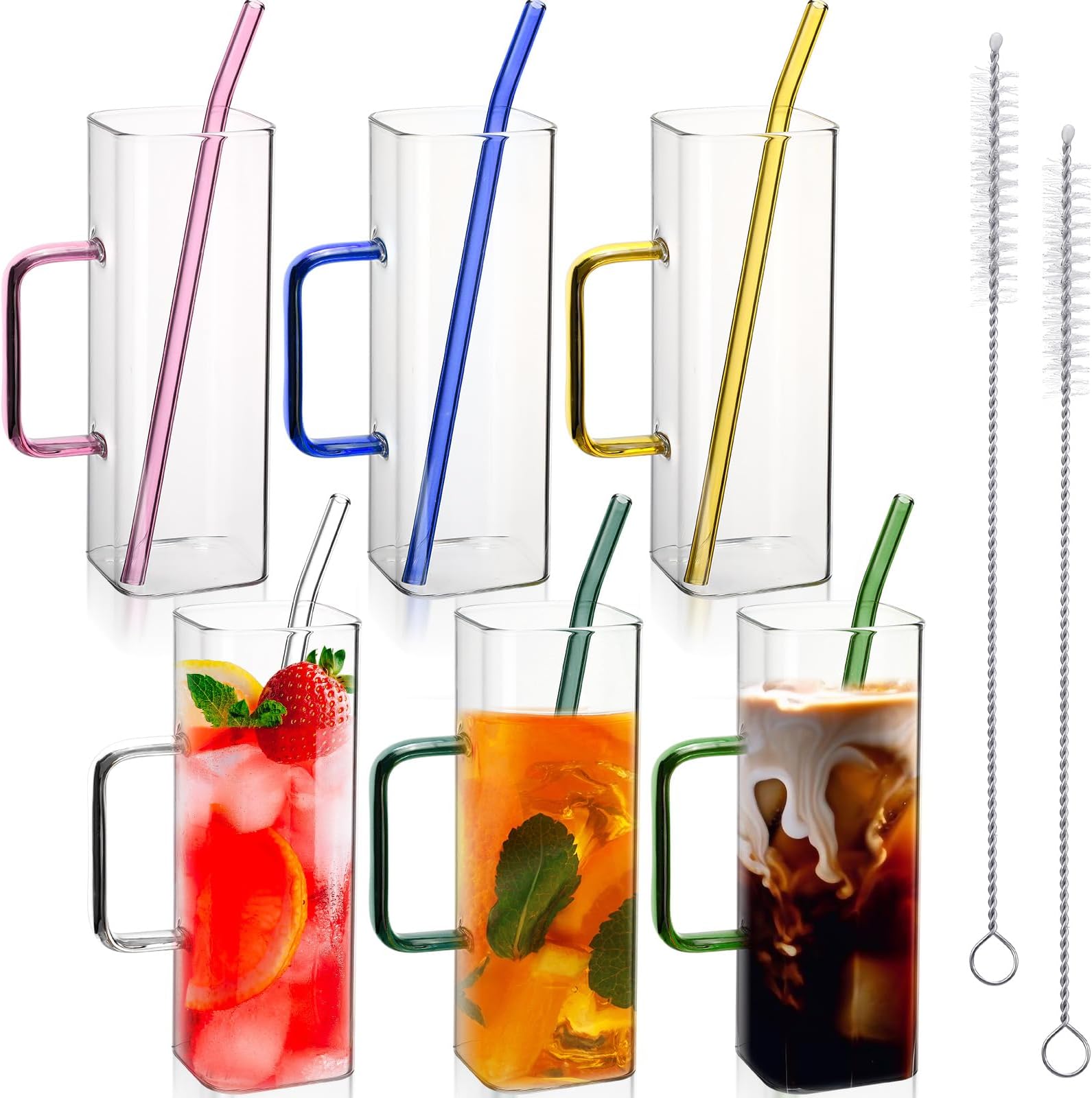 Amazon.com: Gejoy 6 Pcs Square Glass Cups with Straws and Straw Brushes ...