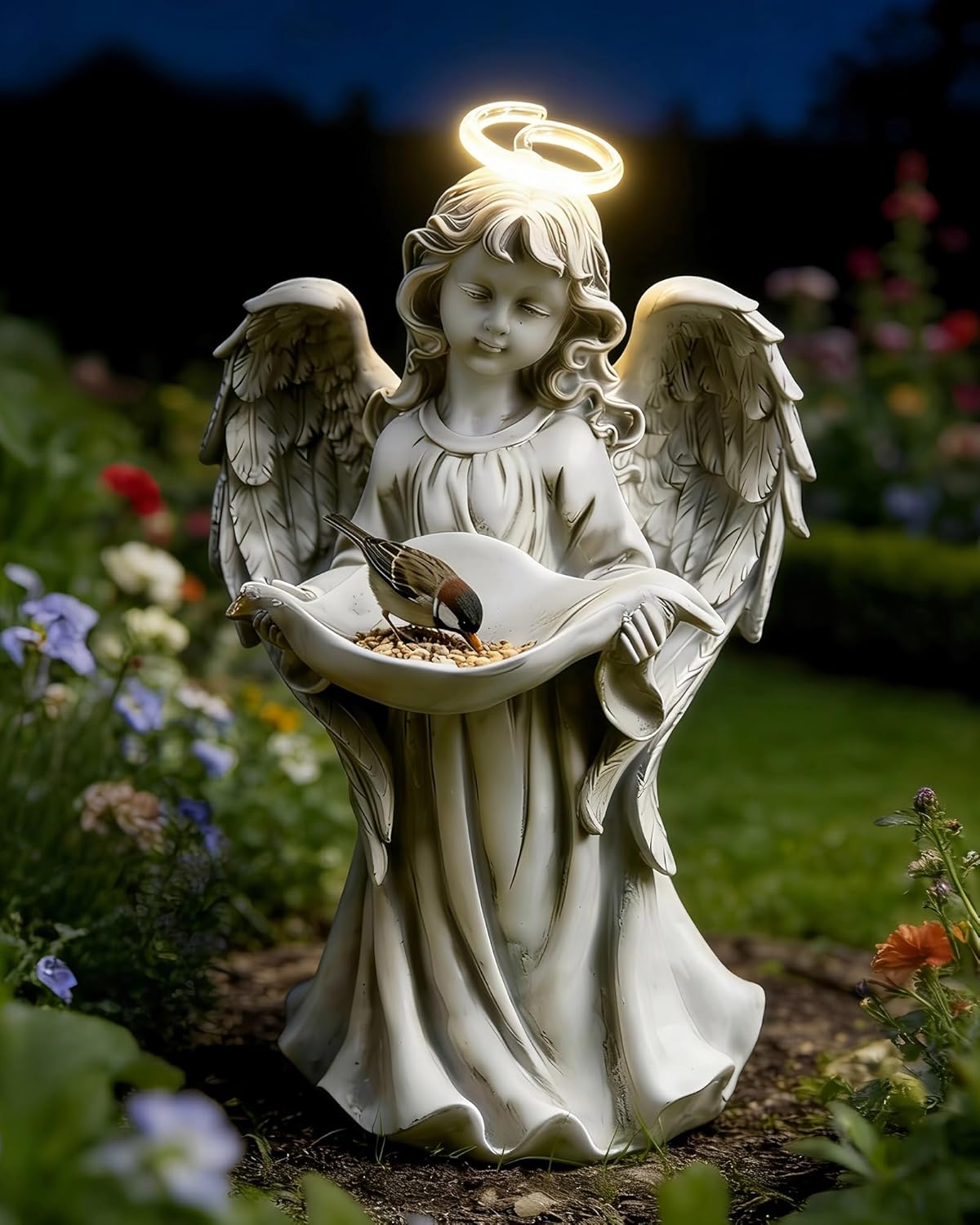 BNXPF Solar Angel Statue with Bird Feeder for Outdoor Garden Decor ...