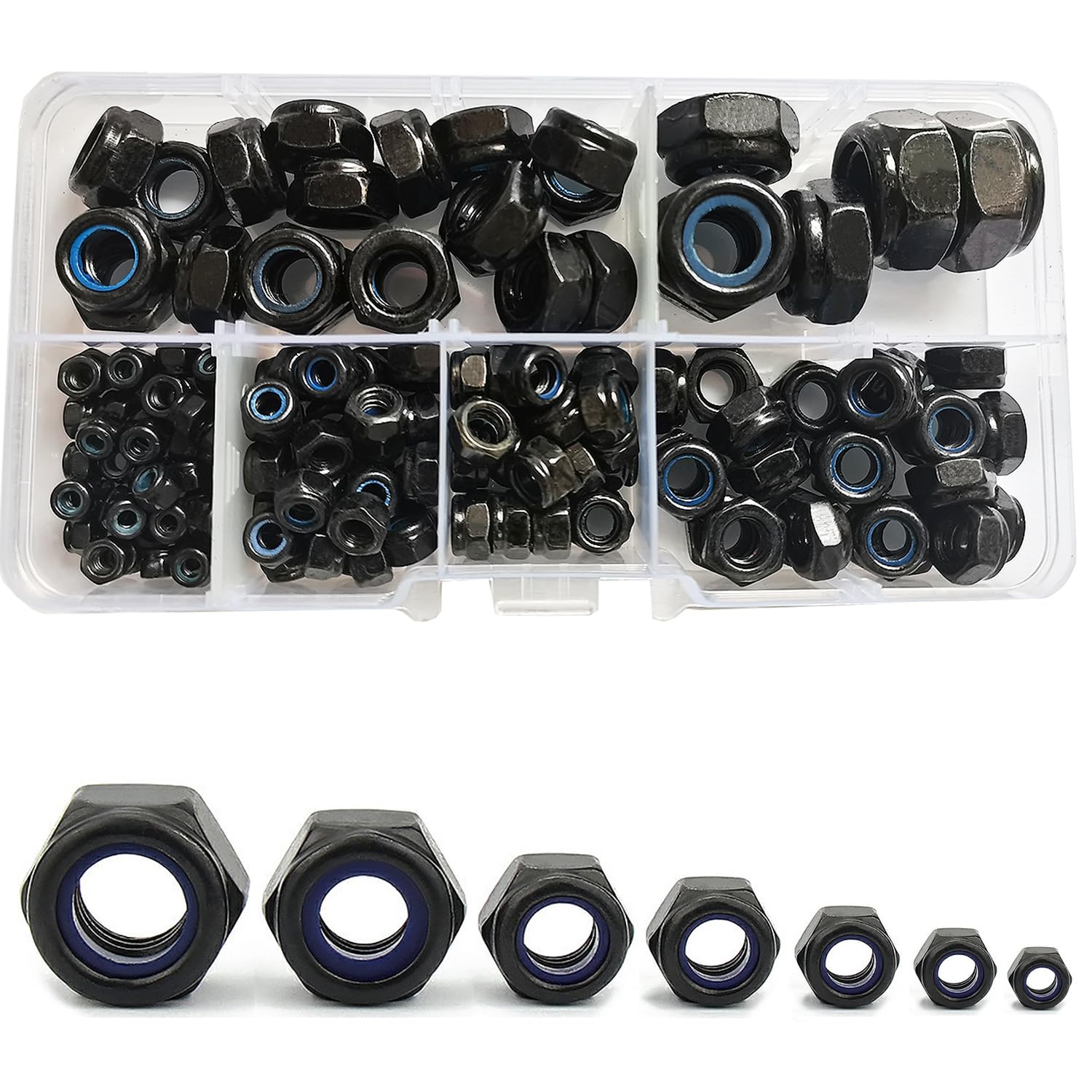 150 Pcs Black M12/M10/M8/M6/M5/M4/M3 Hex Lock Nuts Carbon Steel Nylon Insert Locknut Assortment ...