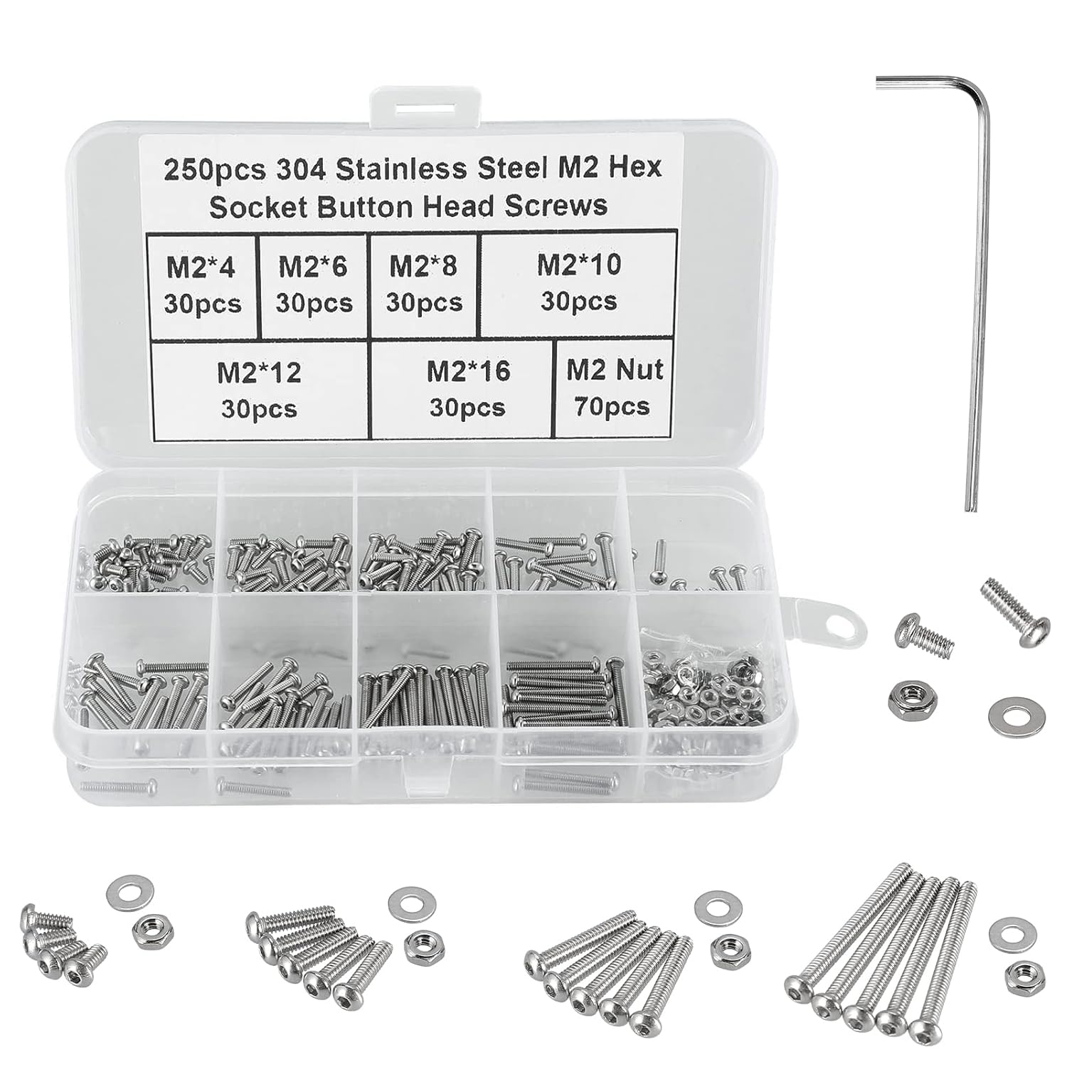 FandWay 250PCS M2 Button Head Hex Socket Screws,304 Stainless Steel ...