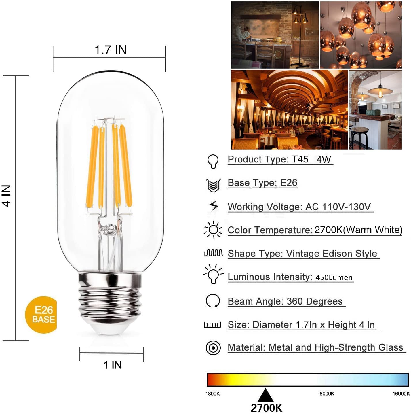 Snapklik.com : NOTOC E26 Tubular Light Bulb 4W Equivalent 40W,Antique ...