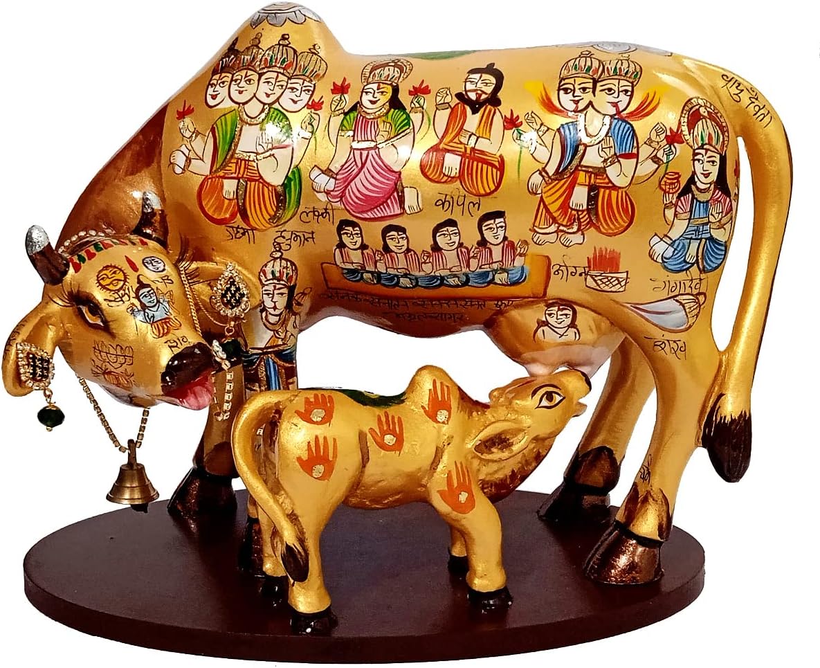 Purpledip Resin Idol Kamdhenu Wish Cow & Calf: Hindu Gods Painted Good ...