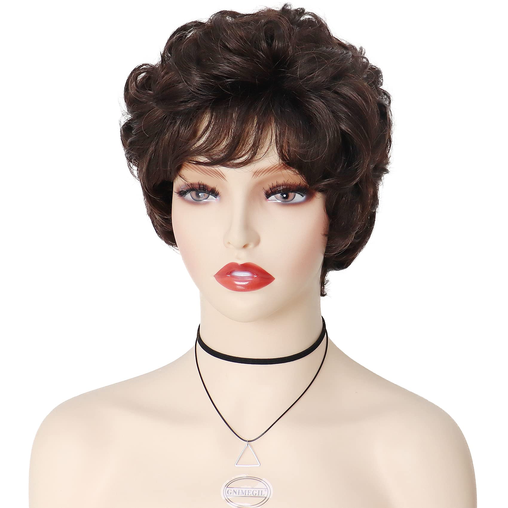 GNIMEGIL Short Dark Brown Curly Wigs with Fuffly Bangs for Women ...