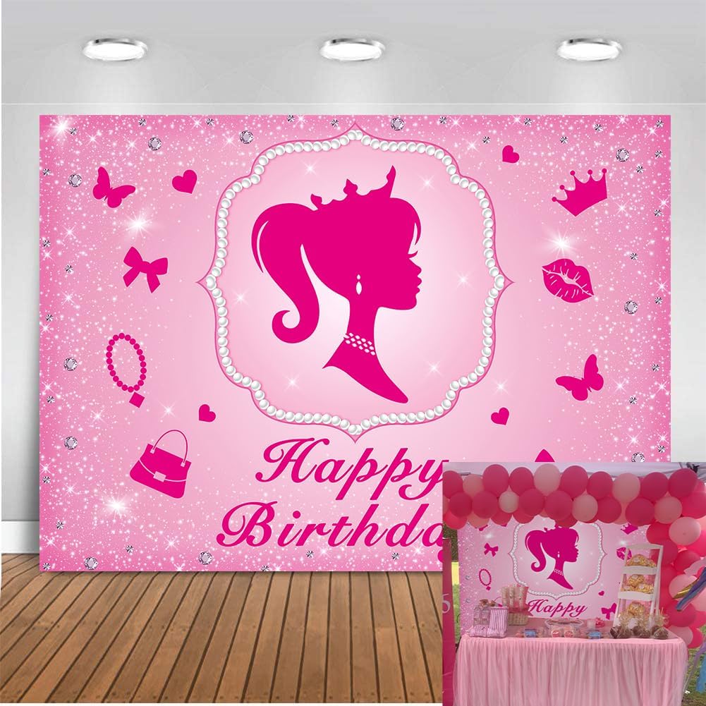 Amazon.com : GUOJLONG 7x5FT Pink Princess Happy Birthday Shiny Backdrop ...
