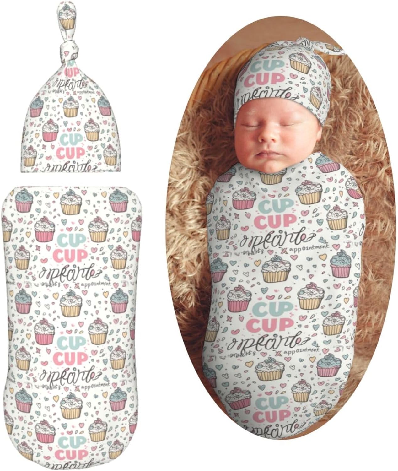 Amazon.com: Muishi Cupcake Pattern Newborn Swaddle Blankets Hat Sets ...
