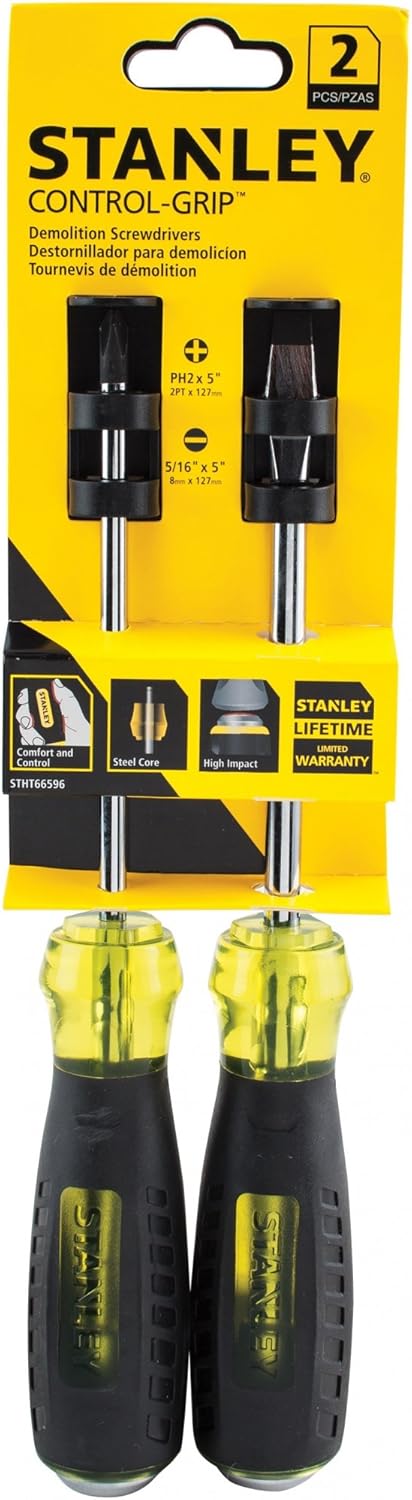 Stanley Control Grip Demolition Screwdriver Set, PH2 x 5” and 5/16” x 5 ...