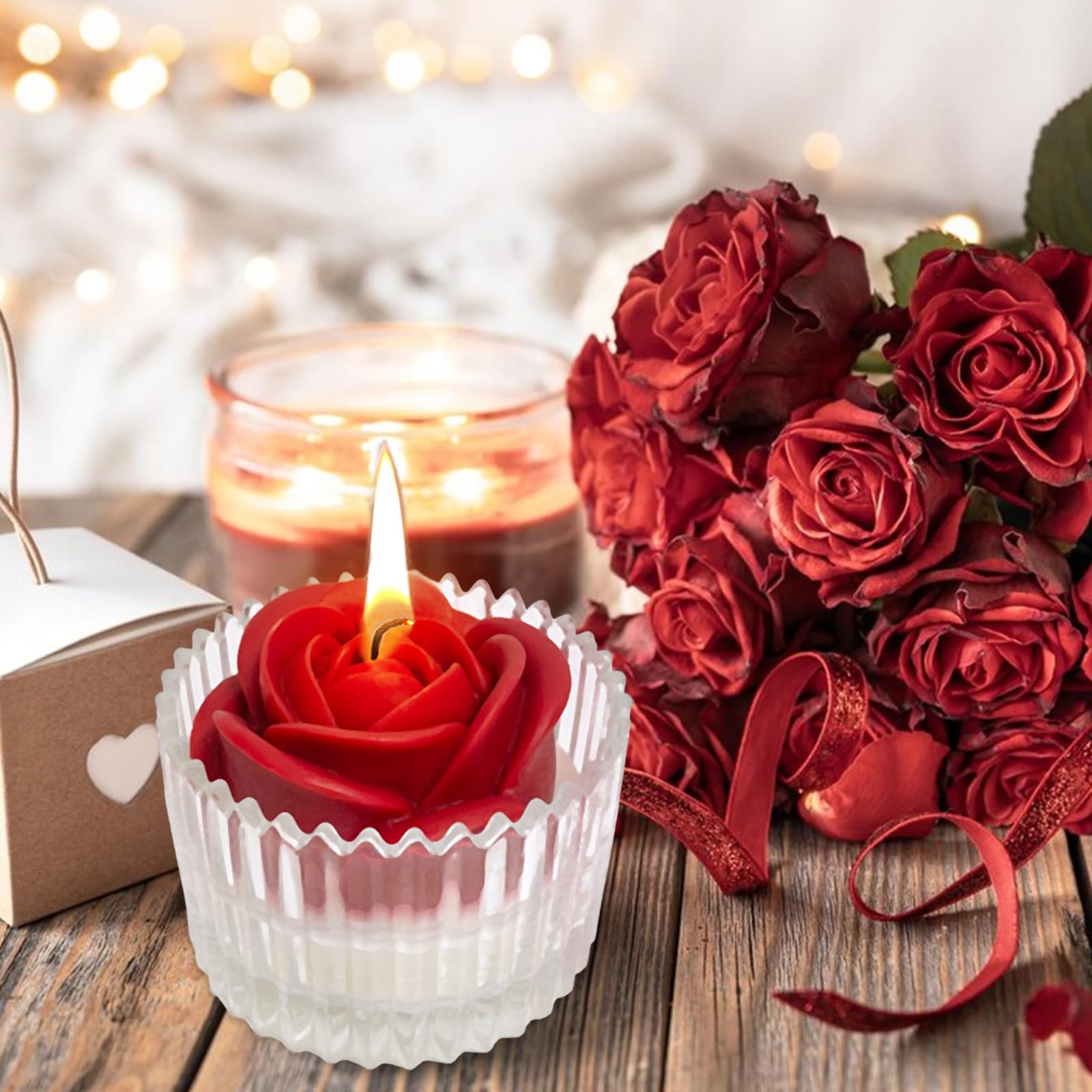 Valentine Lighted Candle With Real Roses