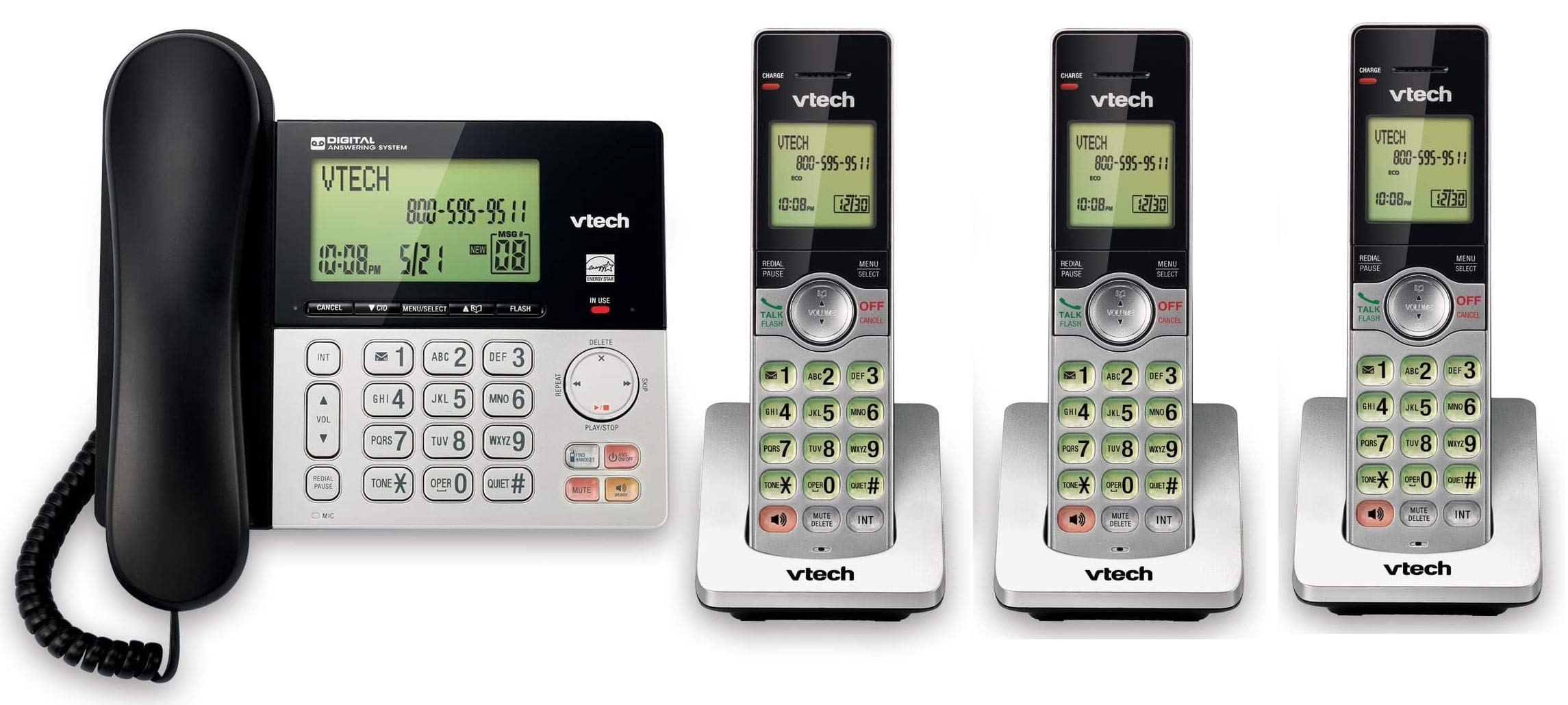 VTech CS6949-3 DECT 6.0 Corded/3-Cordless Telephone System, Black ...
