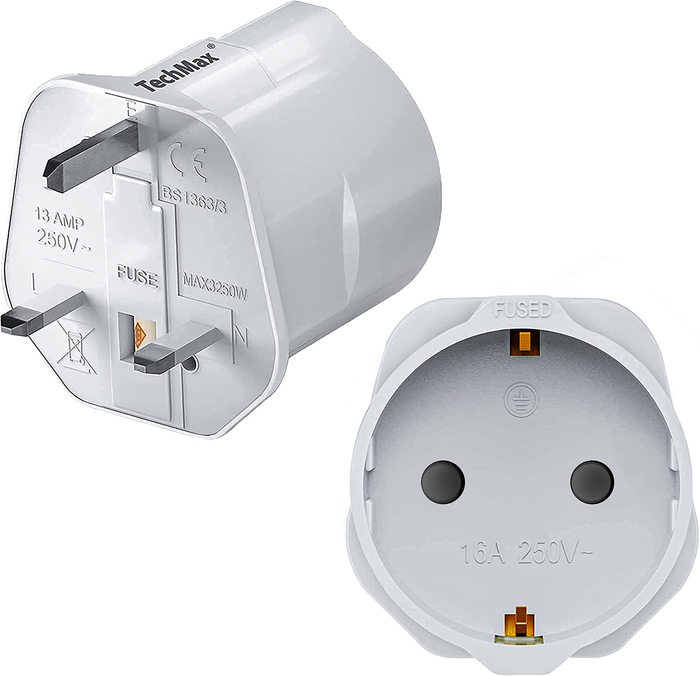 TechMax European to UK Plug Adaptor Pack of 2 - Schuko 2 Pin Plug ...