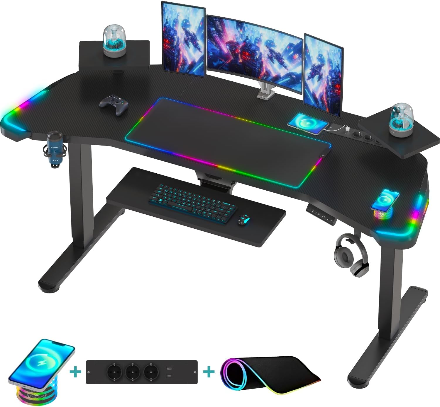 JUMMICO Höhenverstellbarer Schreibtisch, Großer LED-Gaming-Tisch mit ...