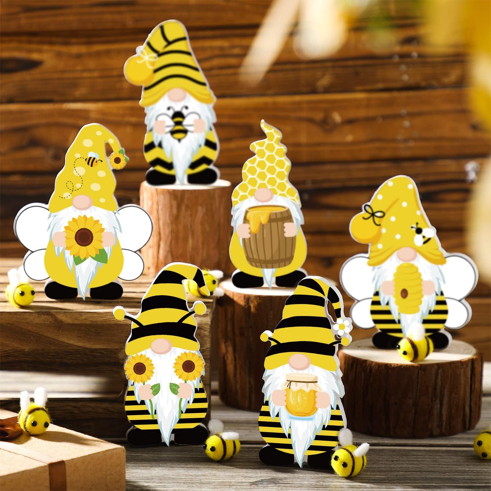 Amazon.com: 6 Pcs Bee Sunflower Gnome Wooden Sign Honeybee Gnome Wooden ...