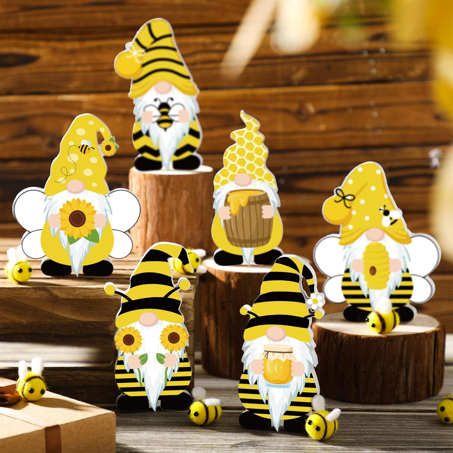 Amazon.com: 6 Pcs Bee Sunflower Gnome Wooden Sign Honeybee Gnome Wooden ...