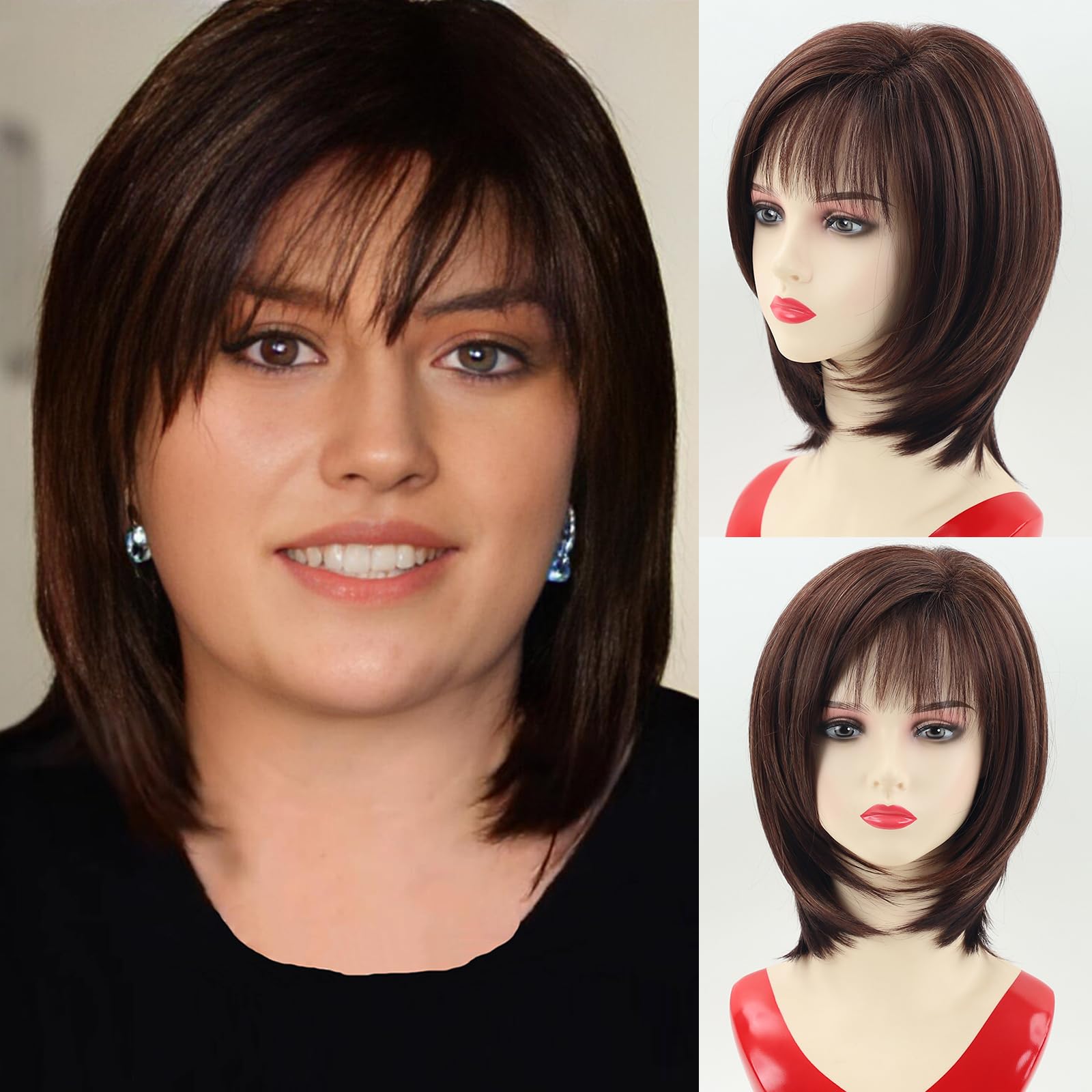 Amazon.com : RENERSHOW Layered Brunette Bob Wig with Bangs for White ...