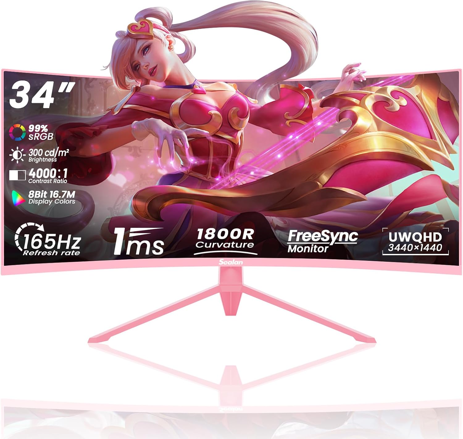 Amazon.com: Sealan 34 Inch Pink Ultrawide Curved Gaming Monitor UWQHD ...