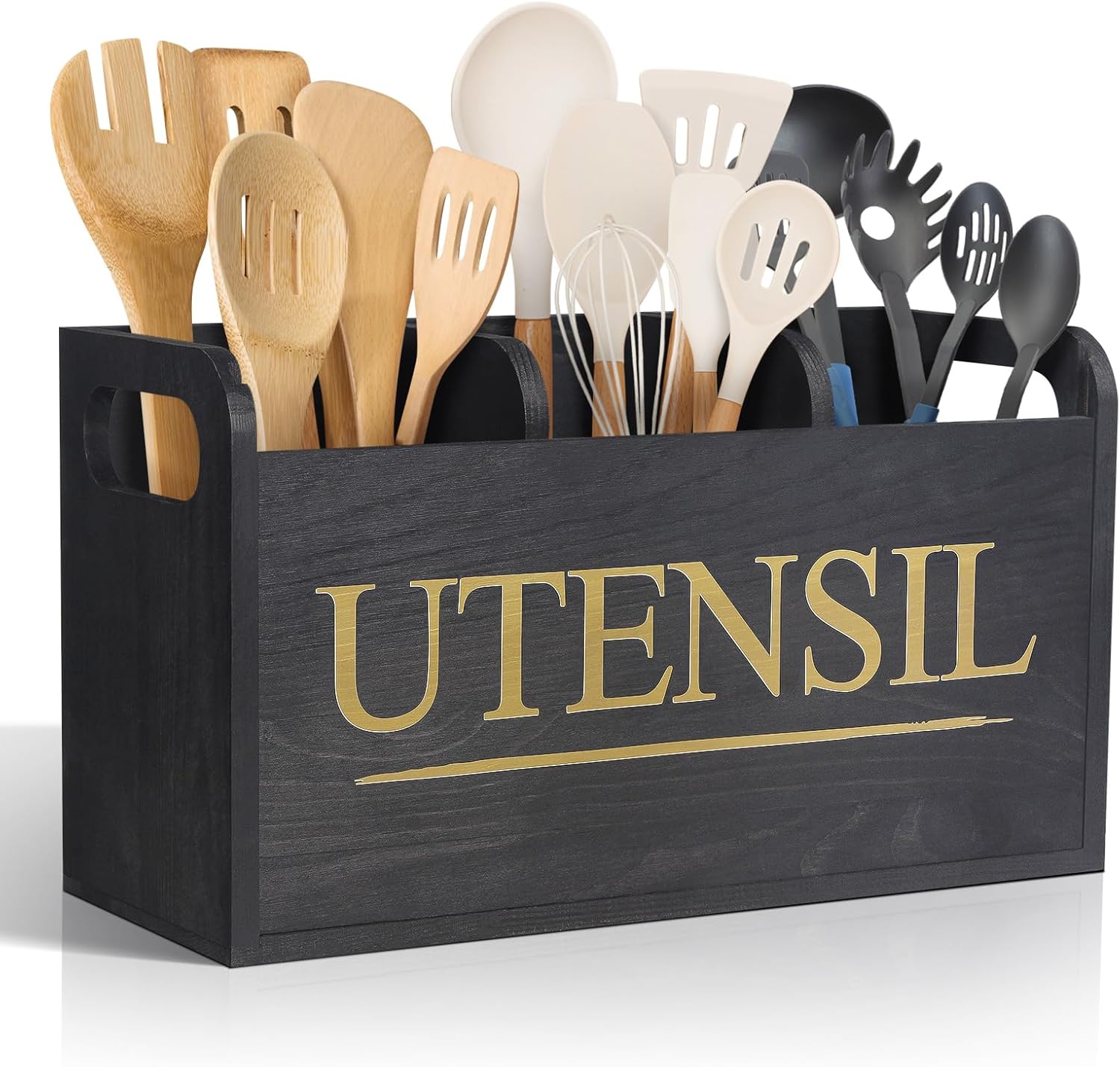 brekle Black Wooden Kitchen Utensil Holder with 3 Compartment Larger ...