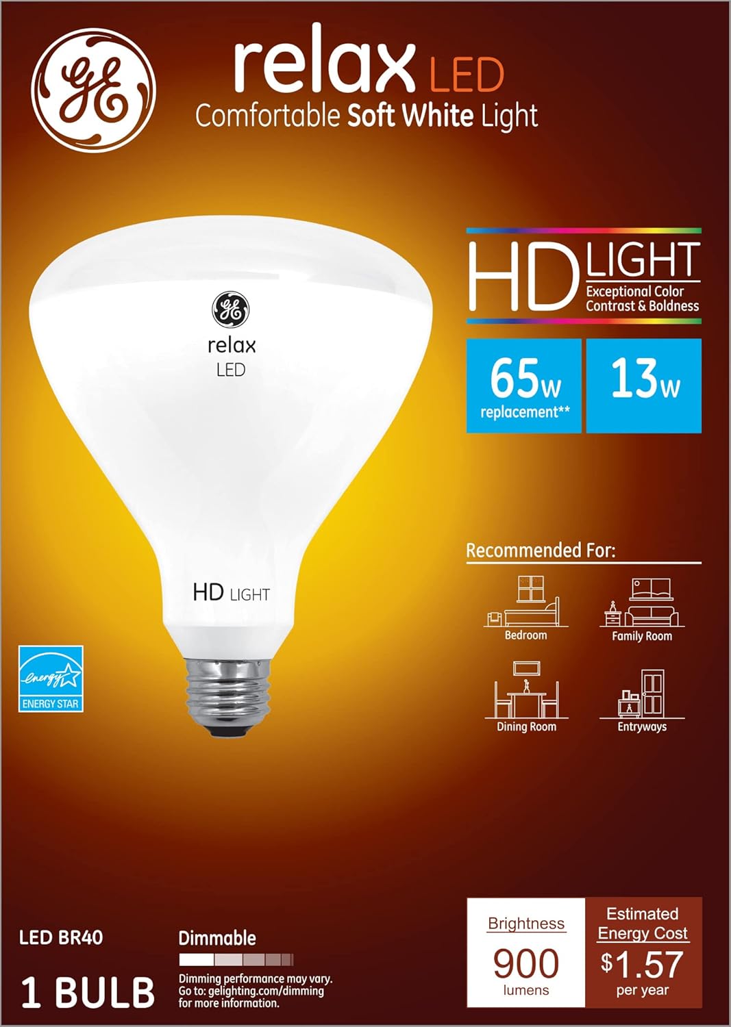 GE 68438 LED Relax HD 13 (65-watt Replacement), 900-Lumen R40 Light ...