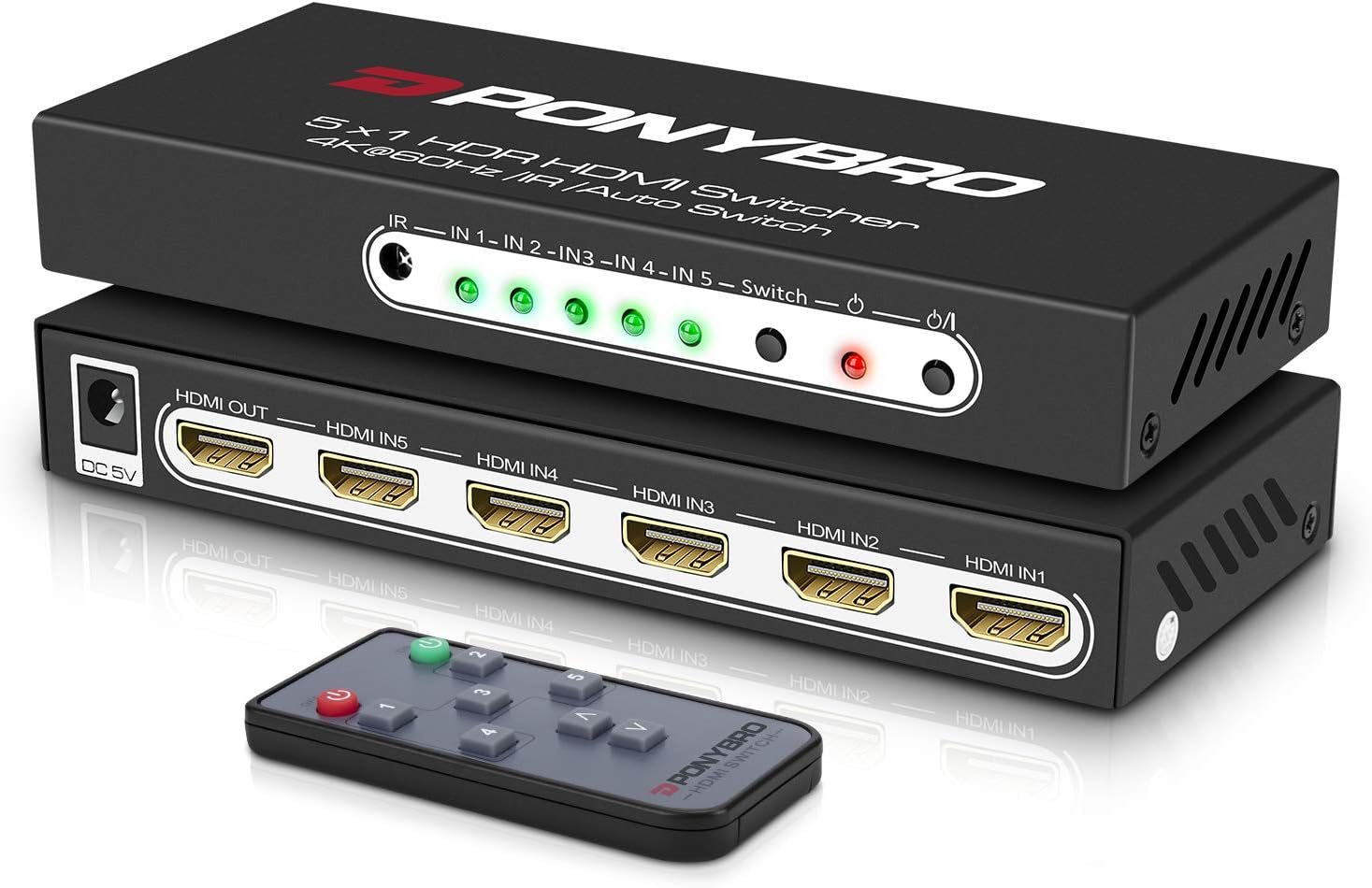 Amazon.com: PONYBRO HDMI 2.0 Switch 5 Port 4K@60Hz Auto-Switching – 5 ...