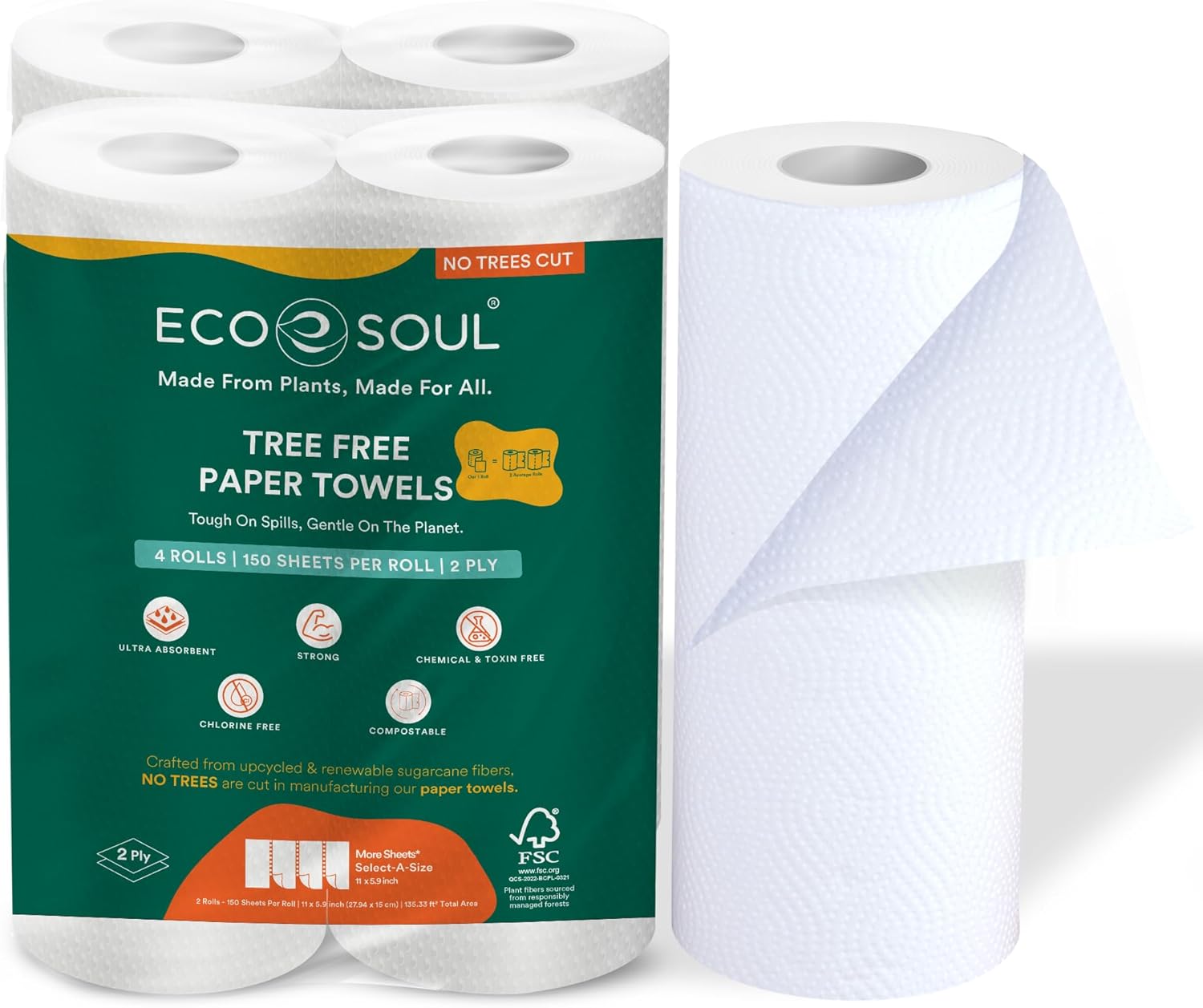 Amazon.com: ECO SOUL Compostable Bagasse Kitchen Paper Towel - 2 Ply ...