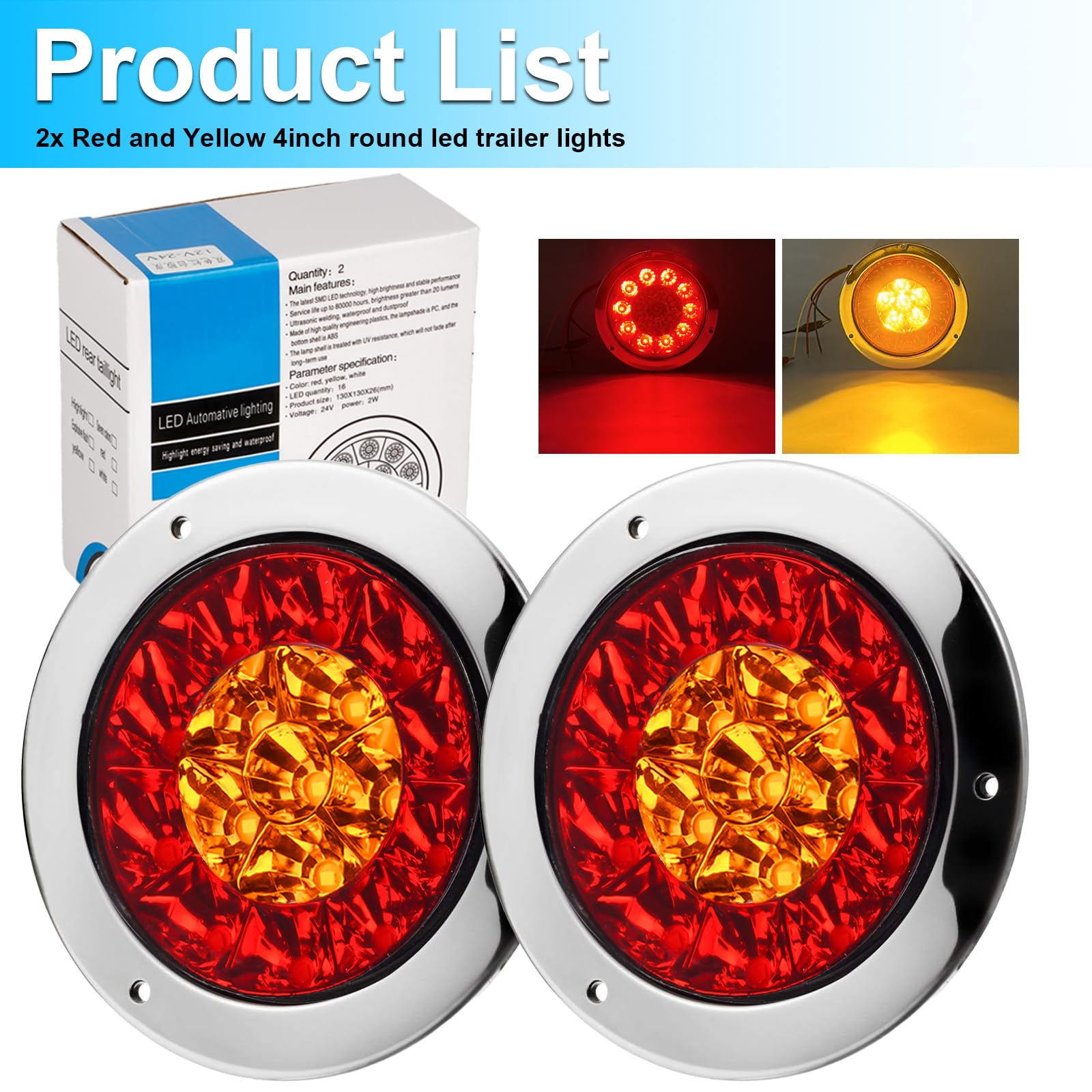 Snapklik.com : 2PCS 4 Inch Red Amber Round LED Trailer Tail Lights Turn ...
