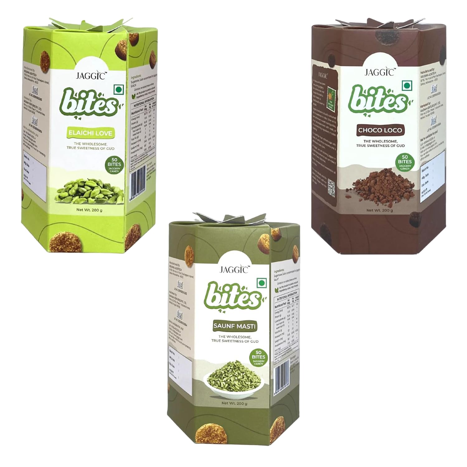 Jaggic Jaggery Bites - Combo of Elaichi Love, Saunf Masti & Choco Loco ...