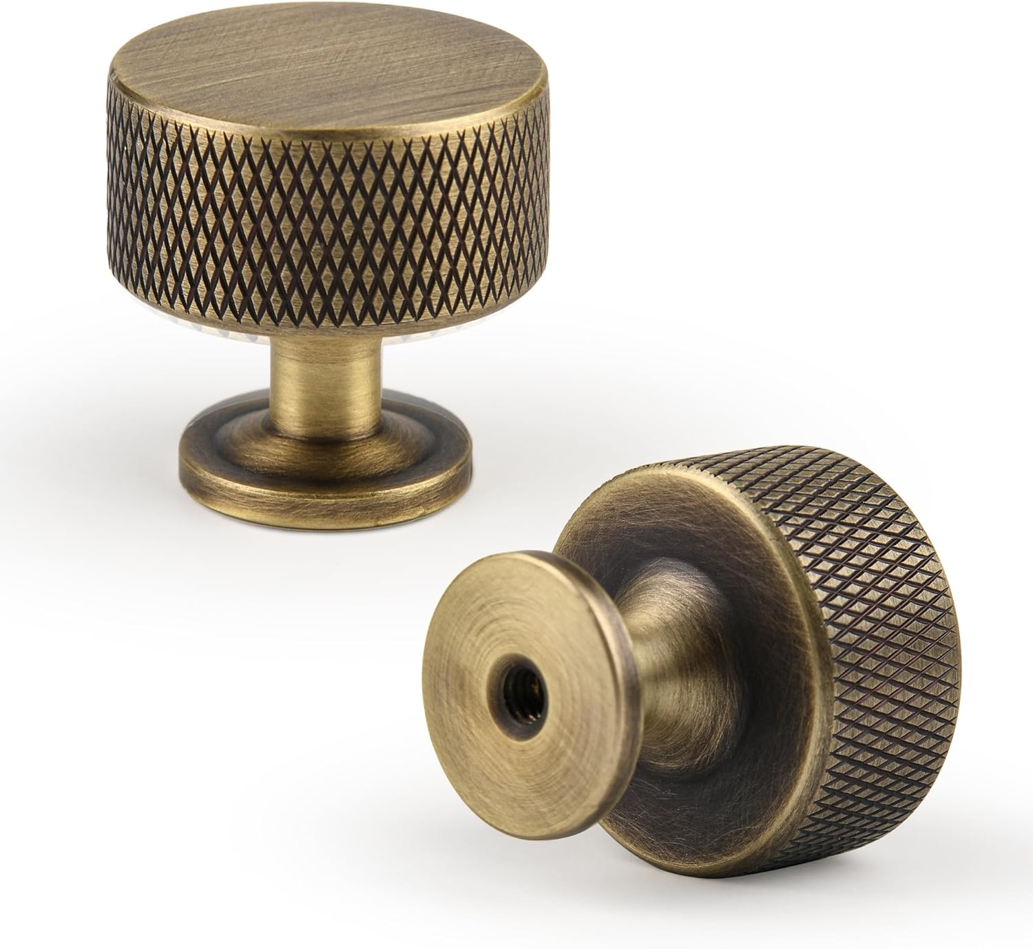 Urnew Antique Brass Kitchen Cabinet Knobs 2 Pack, 1.1Inch Knurled Pulls for Dresser and Drawers ...