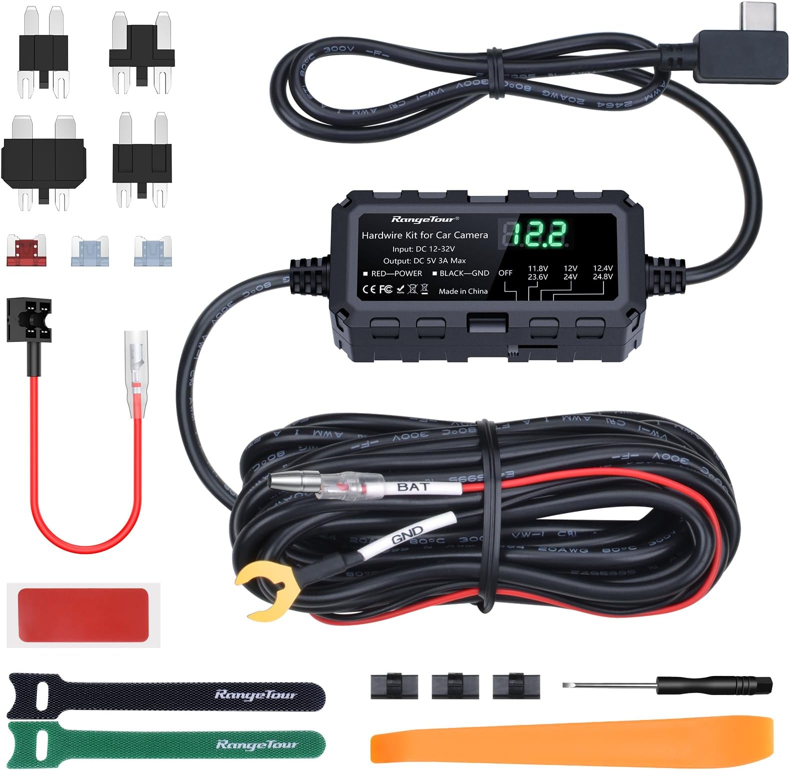 Range Tour Dash Cam Hardwire Kit USB-C with LED Screen, 12V-32V to 5V ...