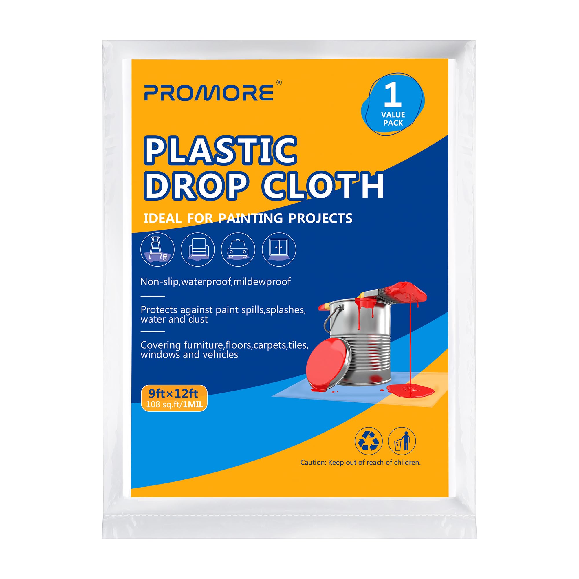 PROMORE 9x12 Ft 1-Mil Clear Plastic Drop Cloth - Thickened Painter's ...