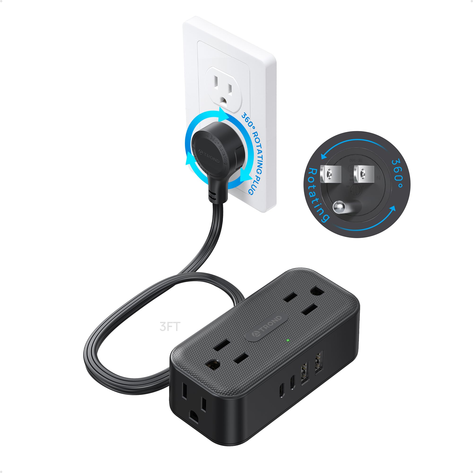 Snapklik.com : TROND 360 Rotating Flat Plug Power Strip, 3FT Extension Cord