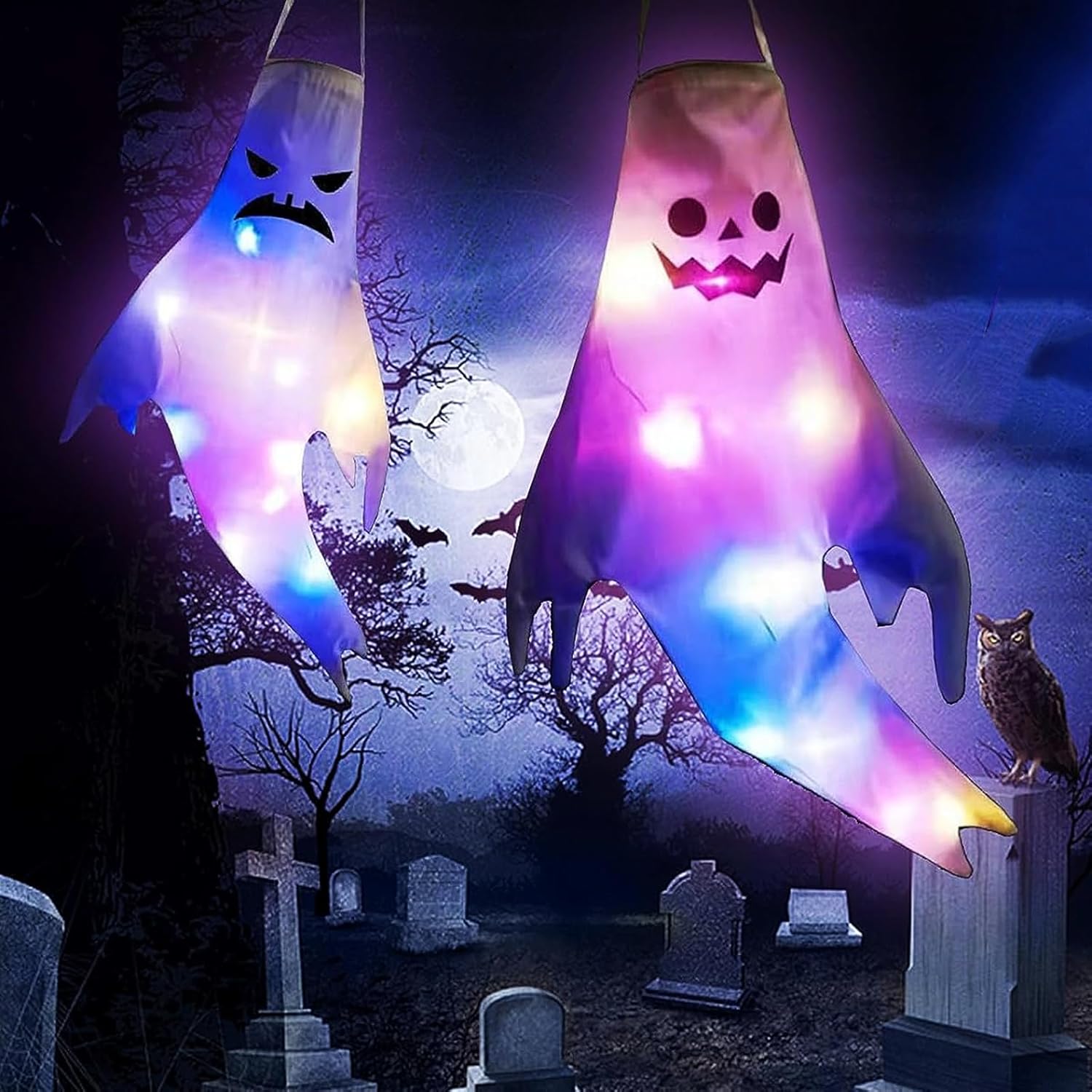2PCS 51.2 Inch Halloween Ghost Windsocks with LED Light, Glowing Ghost ...
