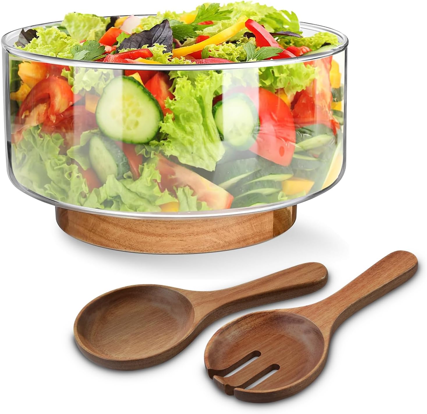 Amazon.com | Twivil Premium Glass Salad Bowl Set with Acacia Wood Base ...