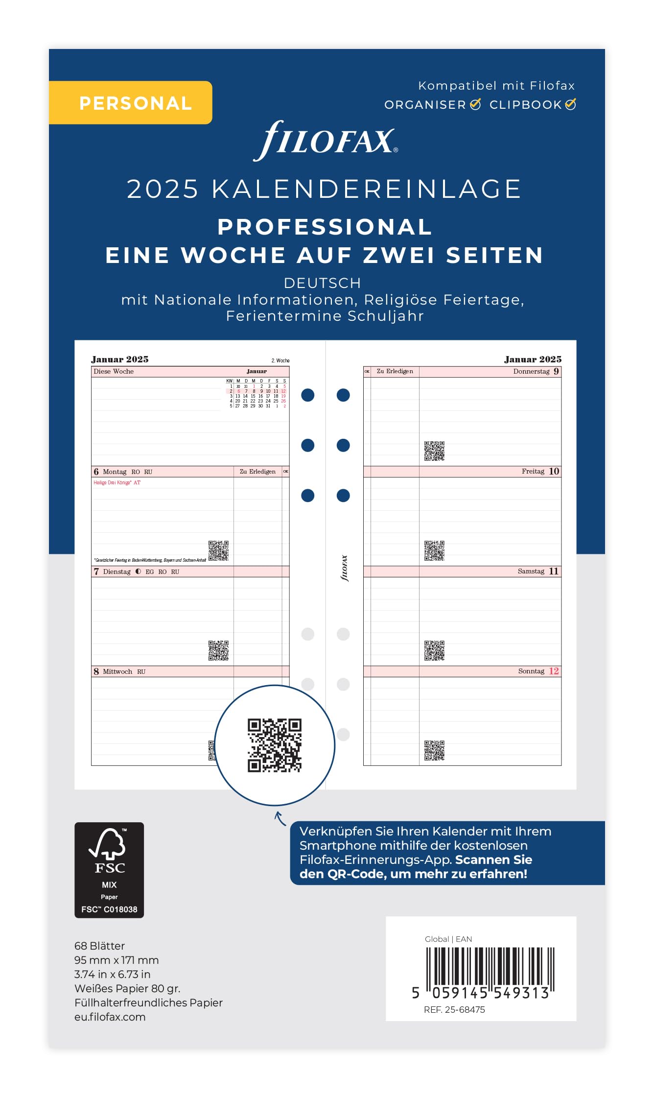 Filofax Personal Professional 1 Woche auf 2 Seiten (deutsch)2025 ...