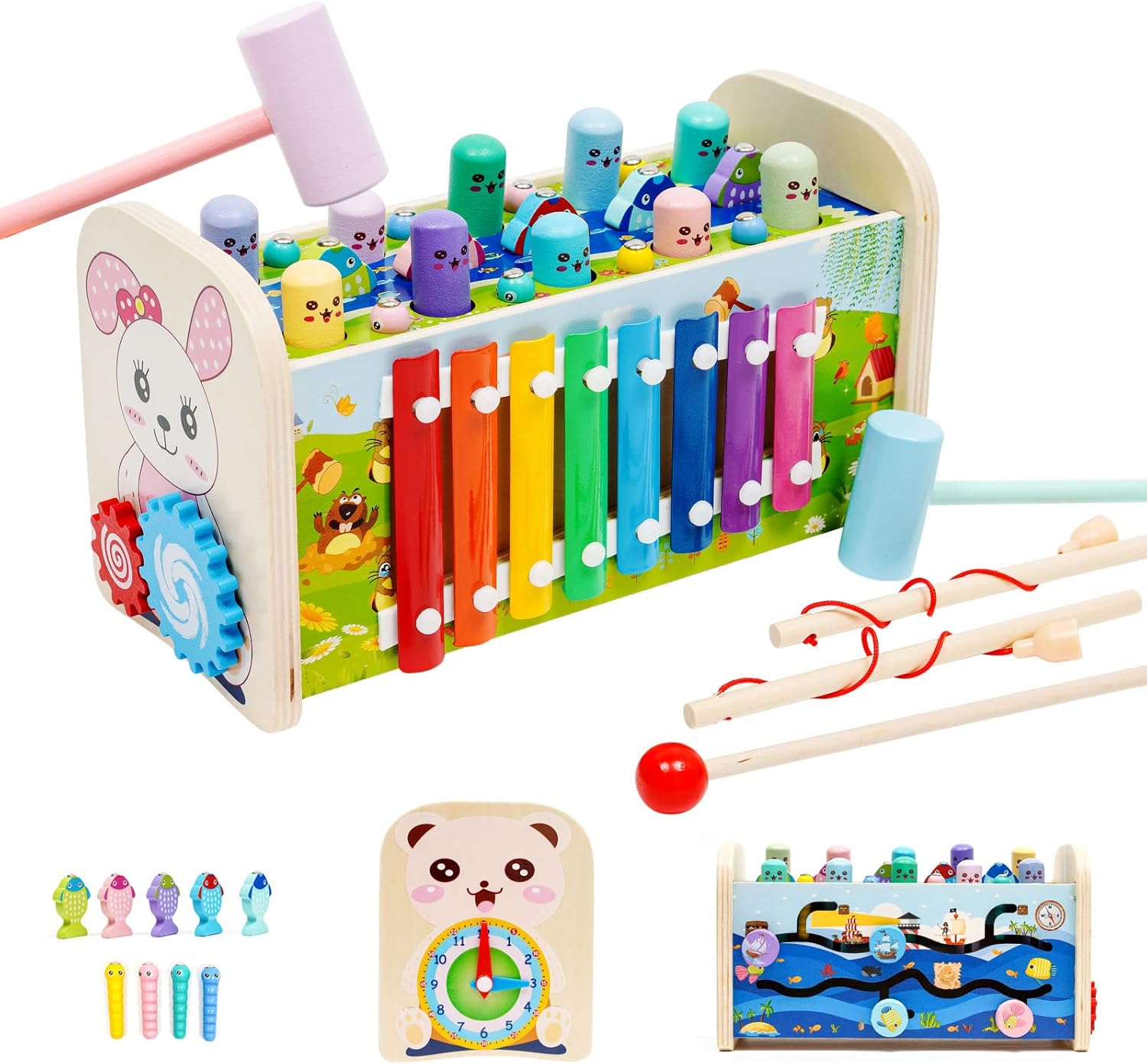 Nukdey Wooden Hammer Toy with Fishing | Xylophone | Moving Gears ...