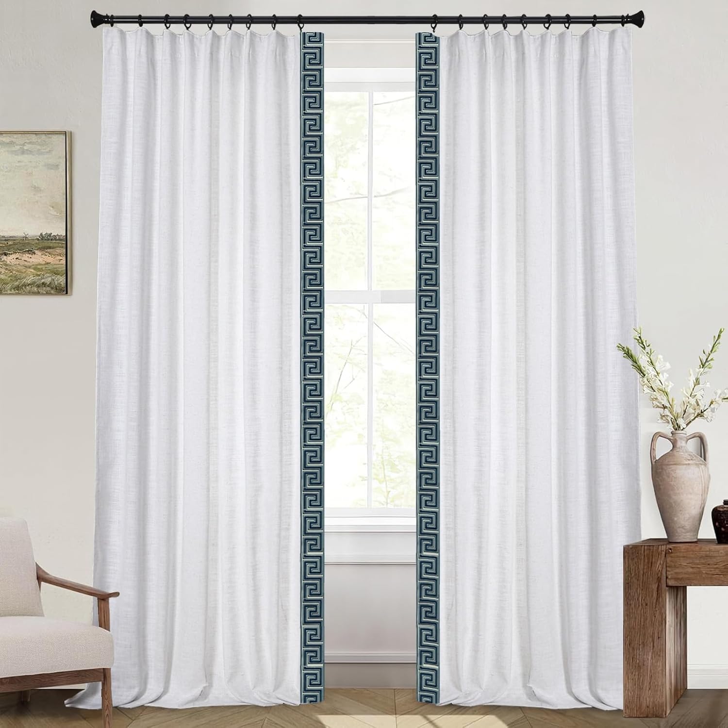 Amazon.com: DotheDrape Blackout Linen Curtains, Greek Key Tape Trim ...