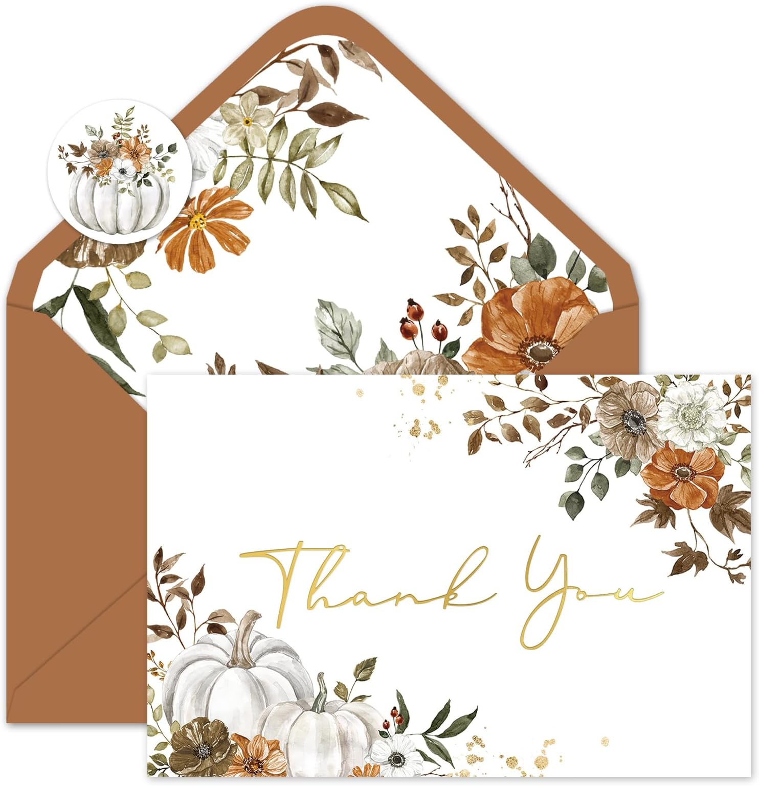 Amazon.com : Whaline 50 Packs Fall Gold Foil Thank You Cards Watercolor ...