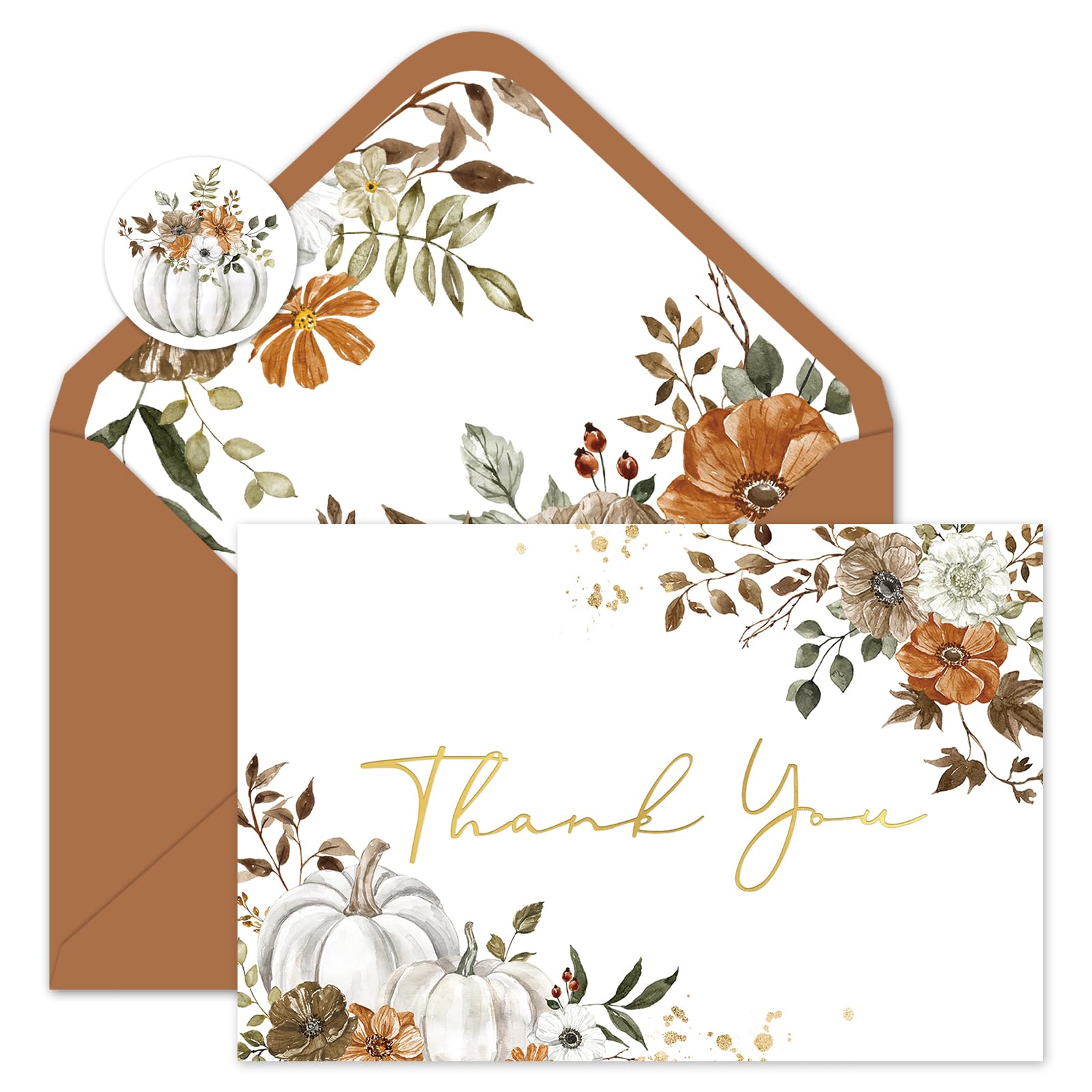 Amazon.com : Whaline 50 Packs Fall Gold Foil Thank You Cards Watercolor ...
