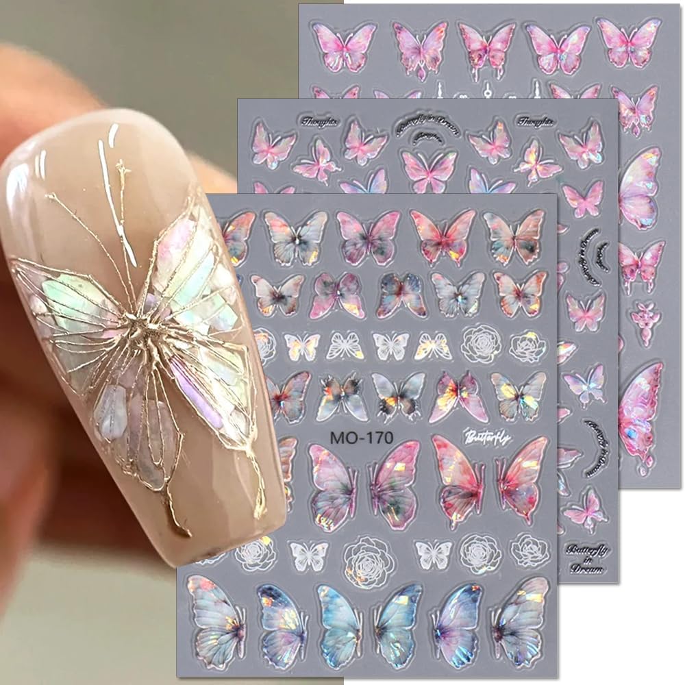 Amazon.com: 5D Embossed Butterfly Nail Stickers for Women Aurora ...
