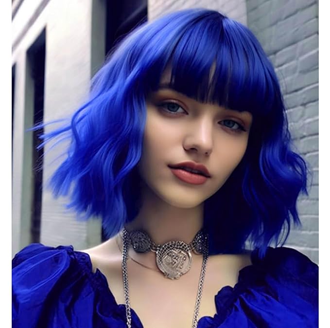 Amazon.com : Short Bob Wavy Wig with Bangs for Women Blue Color Wigs ...