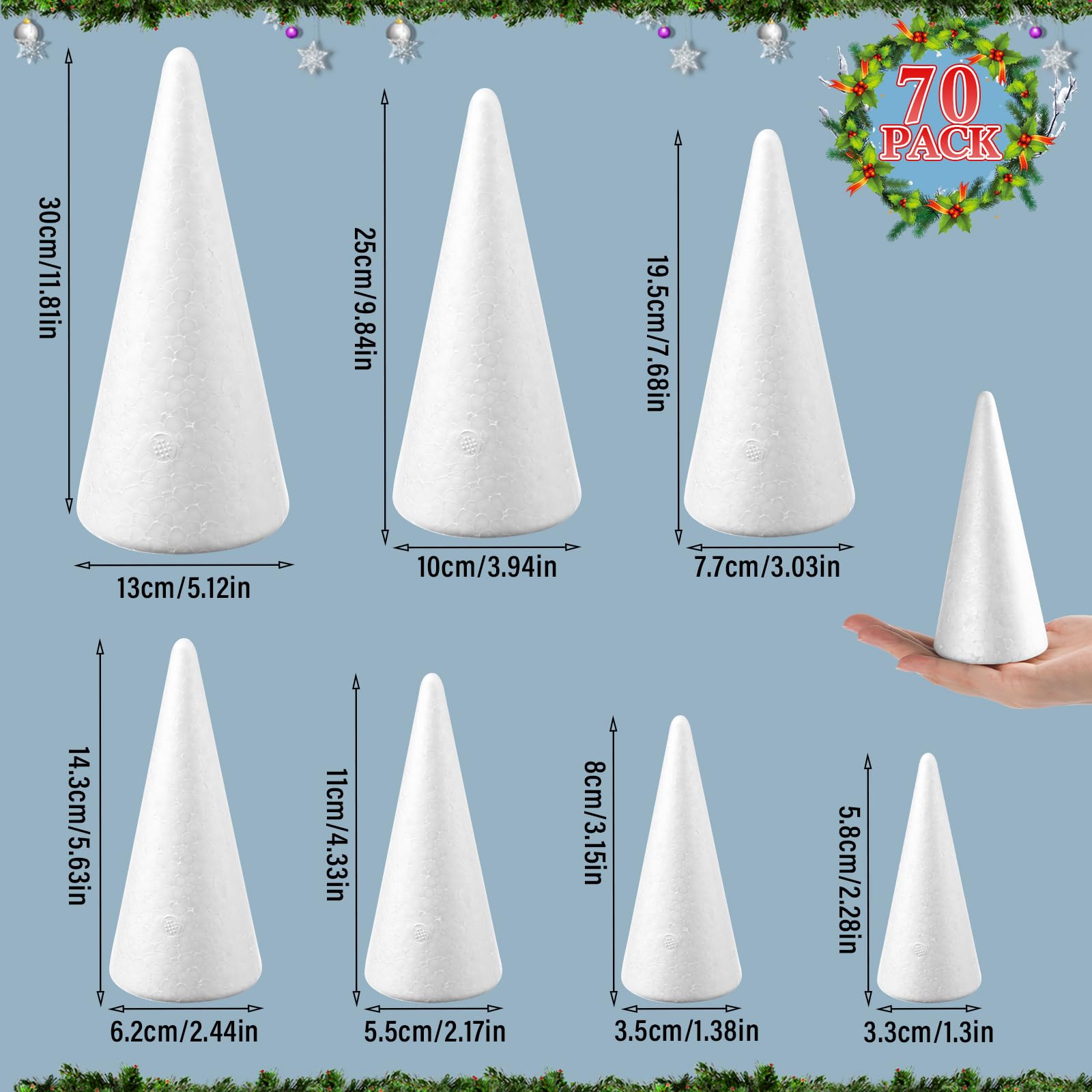 Snapklik.com : 70 Pcs White Foam Cones For Crafts 7 Sizes 2.2-11.8 Inch ...