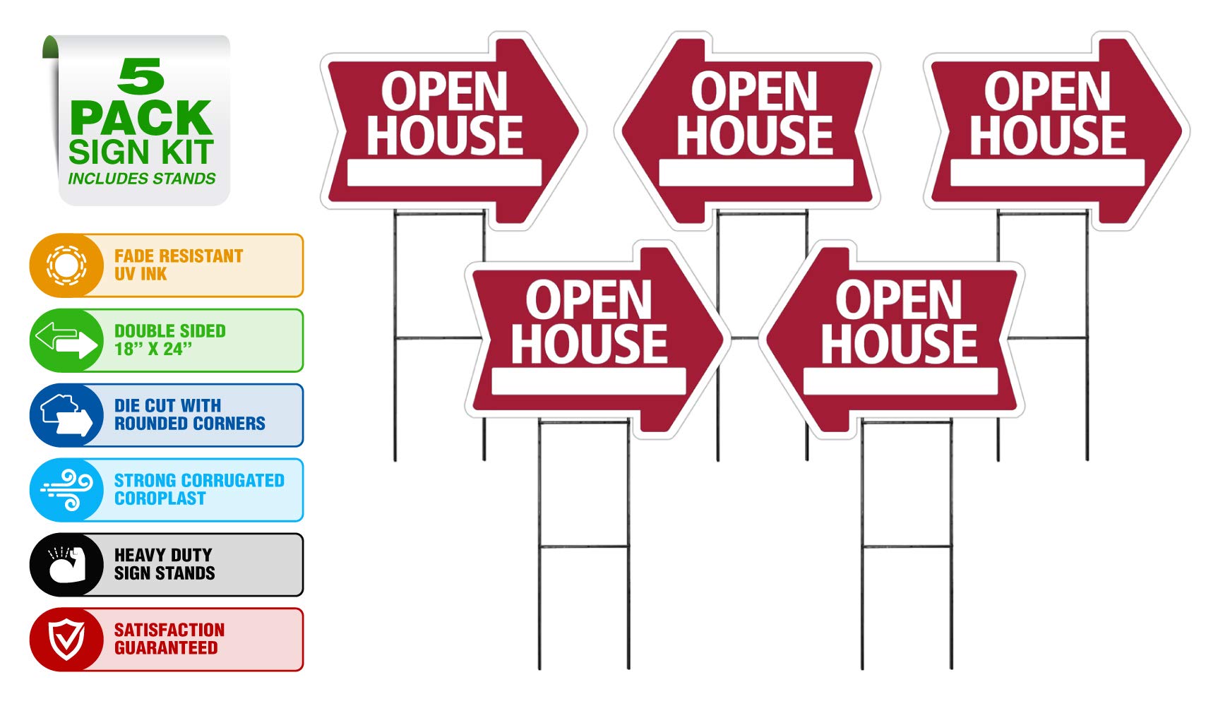 Buy Open House Sign Kit (5pack) Die Cut Arrow Shape Heavy Duty Stands ...
