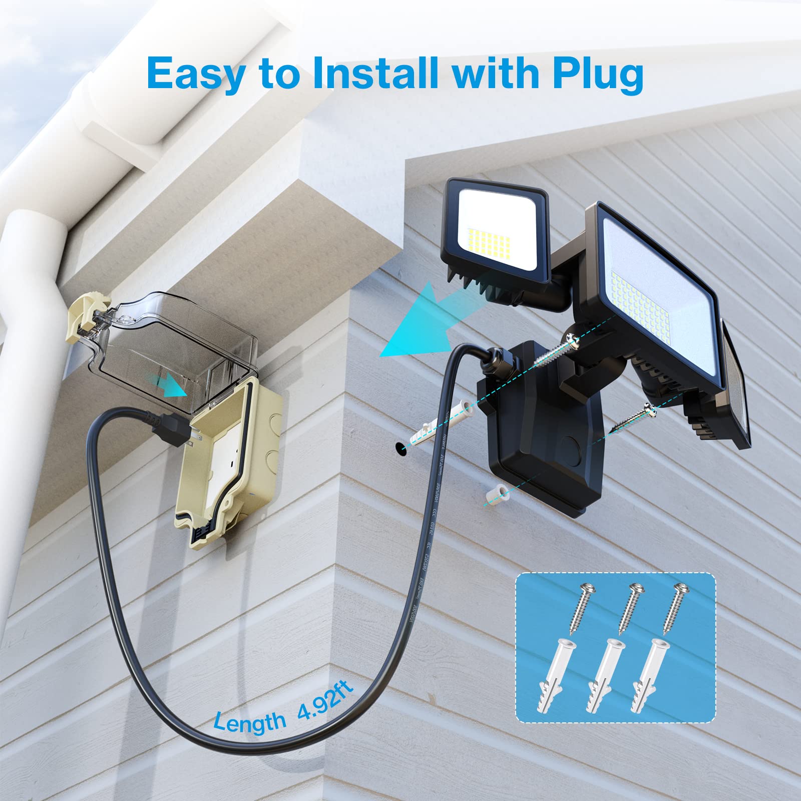 Olafus 55W Flood Lights Outdoor Plug in, 5500LM LED Security Light ...